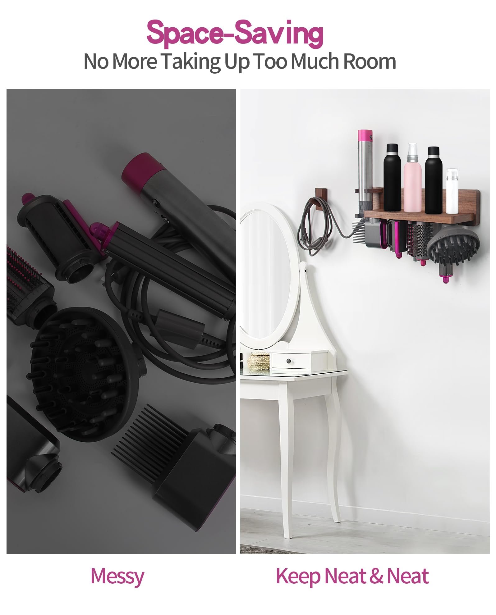 Affogato Walnut Storage Holder Compatible with Dyson Airwrap Wall Mount Holder with Shelf Organizer Rack Compatible with Dyson Airwrap Styler Accessories, Wood