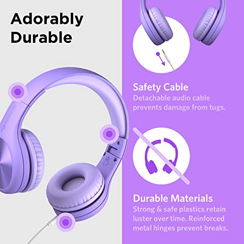LilGadgets Connect+ Pro Kids Headphones Wired - Designed with Kids' Comfort in Mind, Foldable Over-Ear Headset with in-line Microphone, Toddler Headphones for Kids, Purple