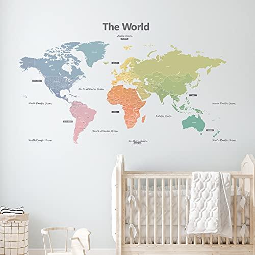 DECOWALL DLT-1809 Modern Pastel Tones World Map Kids Wall Stickers Wall Decals Peel and Stick Removable Wall Stickers for Kids Nursery Bedroom Living Room (XLarge) d?cor
