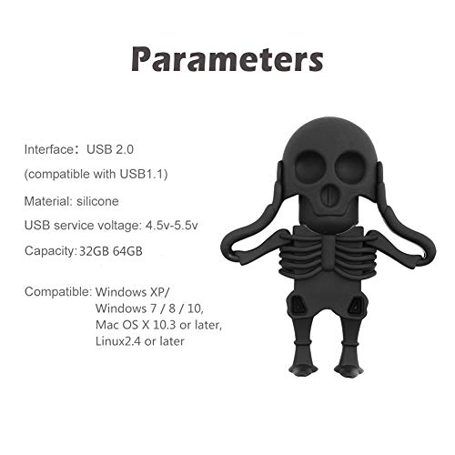 64GB USB Flash Drive Cartoon Skeleton Shaped Memory Stick, BorlterClamp Cool Thumb Drive Pen Drive Amazing Gifts, Black