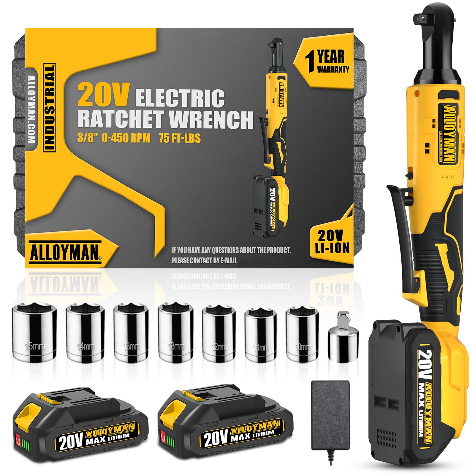 Alloyman 2 X 20V Power Ratchet Wrench Kit, 450 RPM 3/8 Inch Cordless Electric Ratchet Wrench with Variable Speed Trigger, 7 Sockets, 1/4" Adapter & 1-Hour Fast Charger
