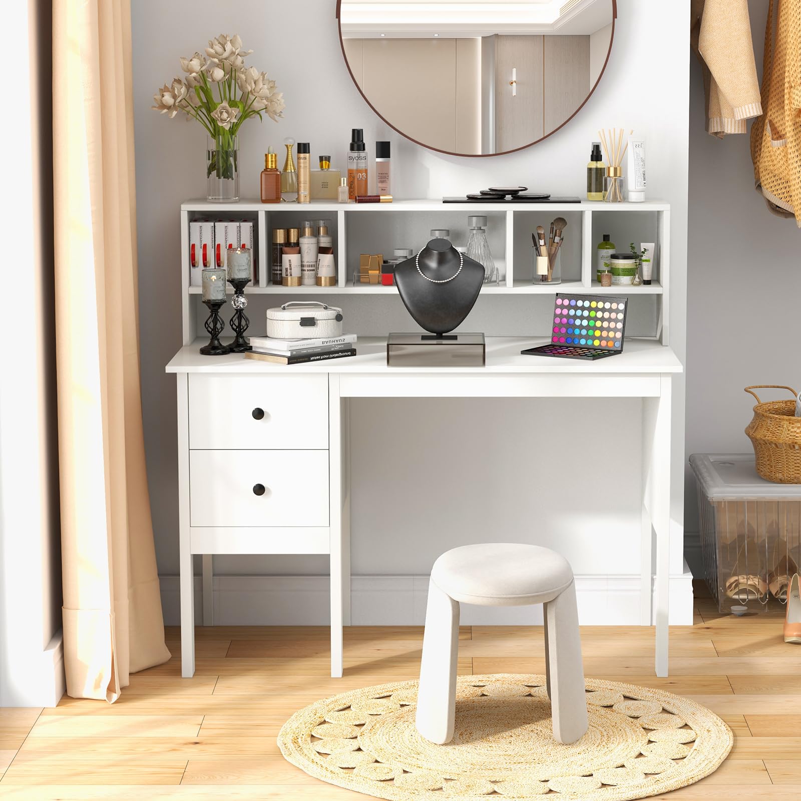 GLOBALWAY48β Computer Desk, Study Writing Desk with 5-Cube Hutch, 2 Drawers & Charging Station, Home Office Workstation for Living Room, Study & Bedroom, White