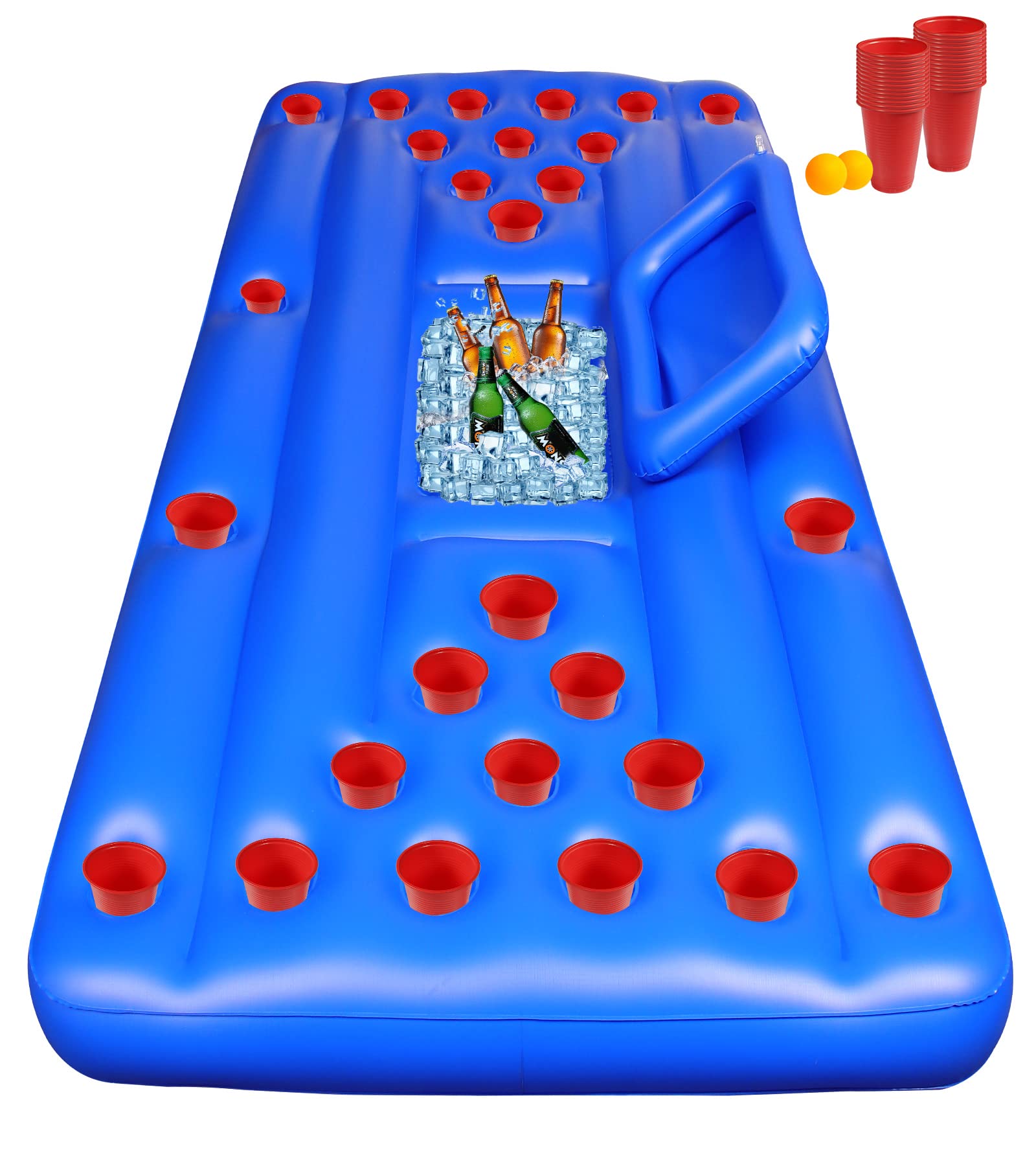 6 Feet Floating Beer Pong Table 28 Cup Holders Inflatable Beer Pong Pool Games Float for Summer Party Pool Float, Cooler, Pool Party Lounge Raft for Adults (Blue)