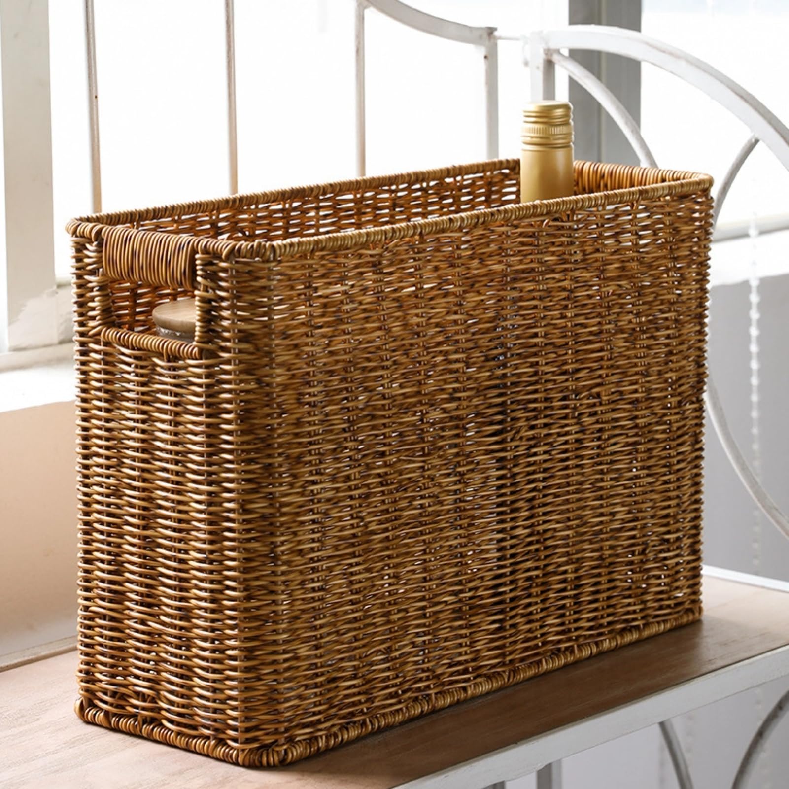 GOVNPJ Plastic Wicker Trash Basket, Woven Wastepaper Basket with 60 Garbage Bags Brown Bathroom Trash Can Large Wastebasket, Trash Can Slim Narrow Boho Trash Can for Laundry Office(15 * 6 * 10inch)
