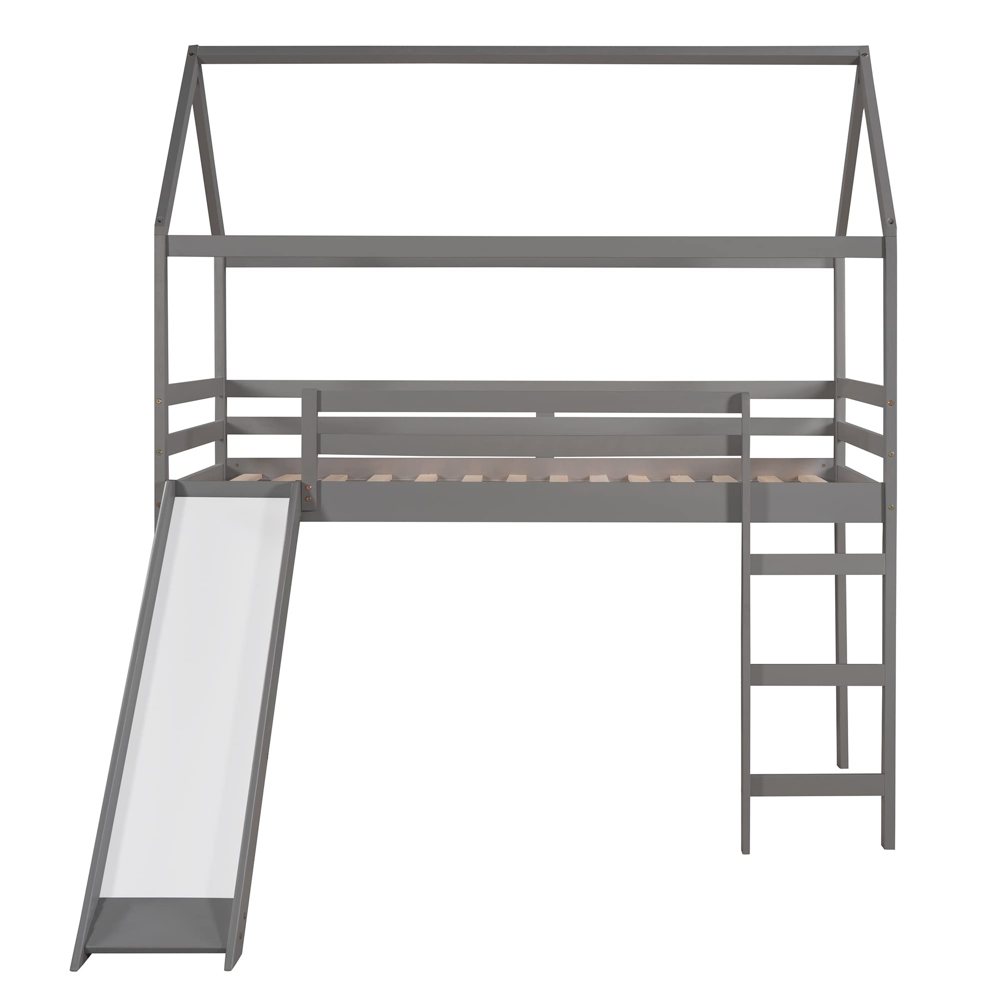 Harper & Bright Designs Twin Size Loft Bed with Slide, Kids House Loft Bed Frame with Ladder, Wood Twin Bed with Safety Rail for Kids Boys Girls, No Box Spring Needed, Grey