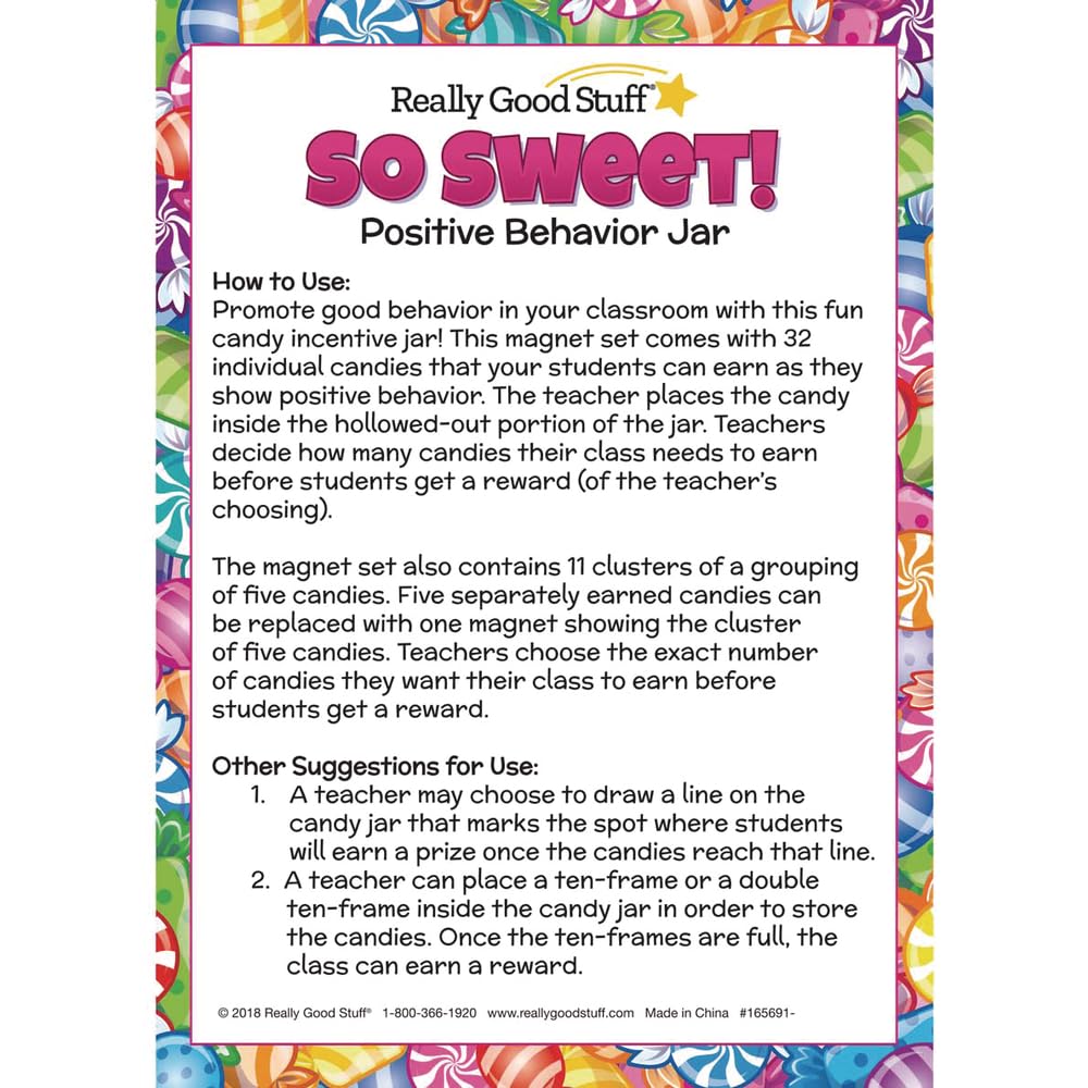 Really Good Stuff So Sweet Positive Behavior Jar, 44 Magnets | Classroom Reward System, Classroom Tools, Magnetic For Whiteboard, Classroom Must Haves