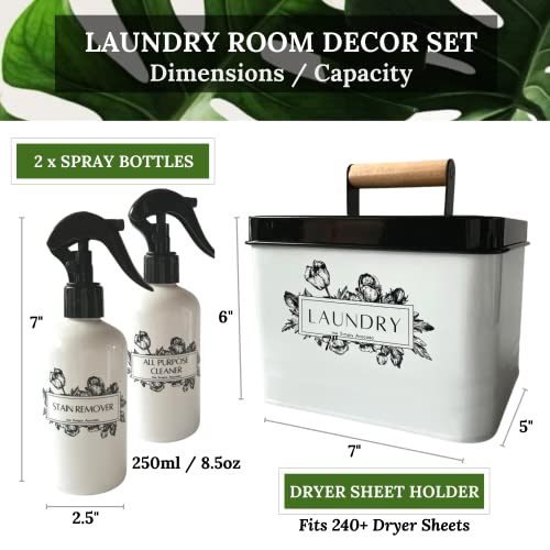Dryer Sheet Holder Spray Bottles Set, Farmhouse Decor Fabric Softener Dispenser for Laundry Room Organization and Storage, 2 Pack Spray Bottles for Cleaning Solutions, House Warming Gifts New Home