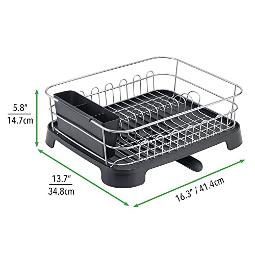 mDesign Alloy Steel Sink Dish Drying Rack Holder w/Plastic Swivel Spout Drainboard Tray - Dish Rack/Dish Drainer Storage Organizer for Kitchen Counter - Holds Plates, Concerto Collection, Silver/Black