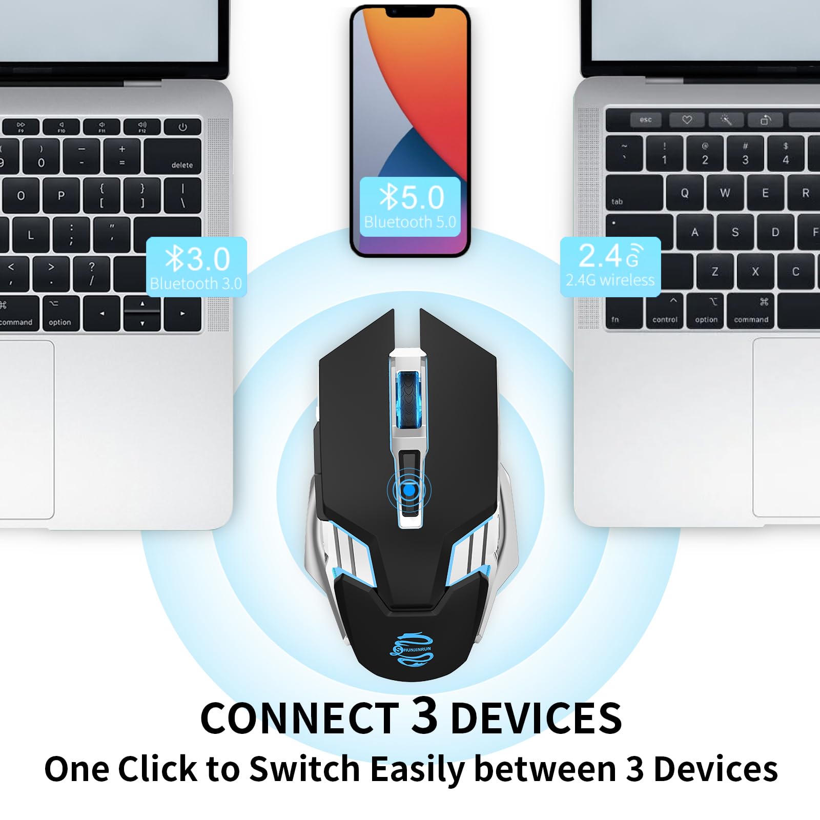 Bluetooth Mouse Rechargeable, Wireless Gaming Mouse Multi Device(BT5.0/3.0+2.4G) with Side Buttons, USB Receiver, RGB Backlit, Cordless Computer Mice for Laptop, Windows PC Mac Tablet(Black-Mute)