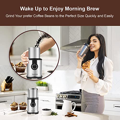 Coffee Grinder Electric, Spice Grinder with with 2 Detachable Stainless Steel Bowls, with Anti-splash Cover & Brush, 3.88oz/110g Capacity Coffee Bean Grinder, Dry & Wet for Corn Kernels, Herbs, Nuts