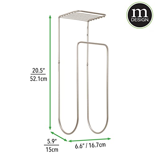 mDesign Bathroom Towel Holder and Organizer with Storage Shelf - Modern Metal Wall Mount Towel Rack - Towel Holder Rack for Bathroom with Shelf for Soaps and Accessories - Concerto Collection - Satin