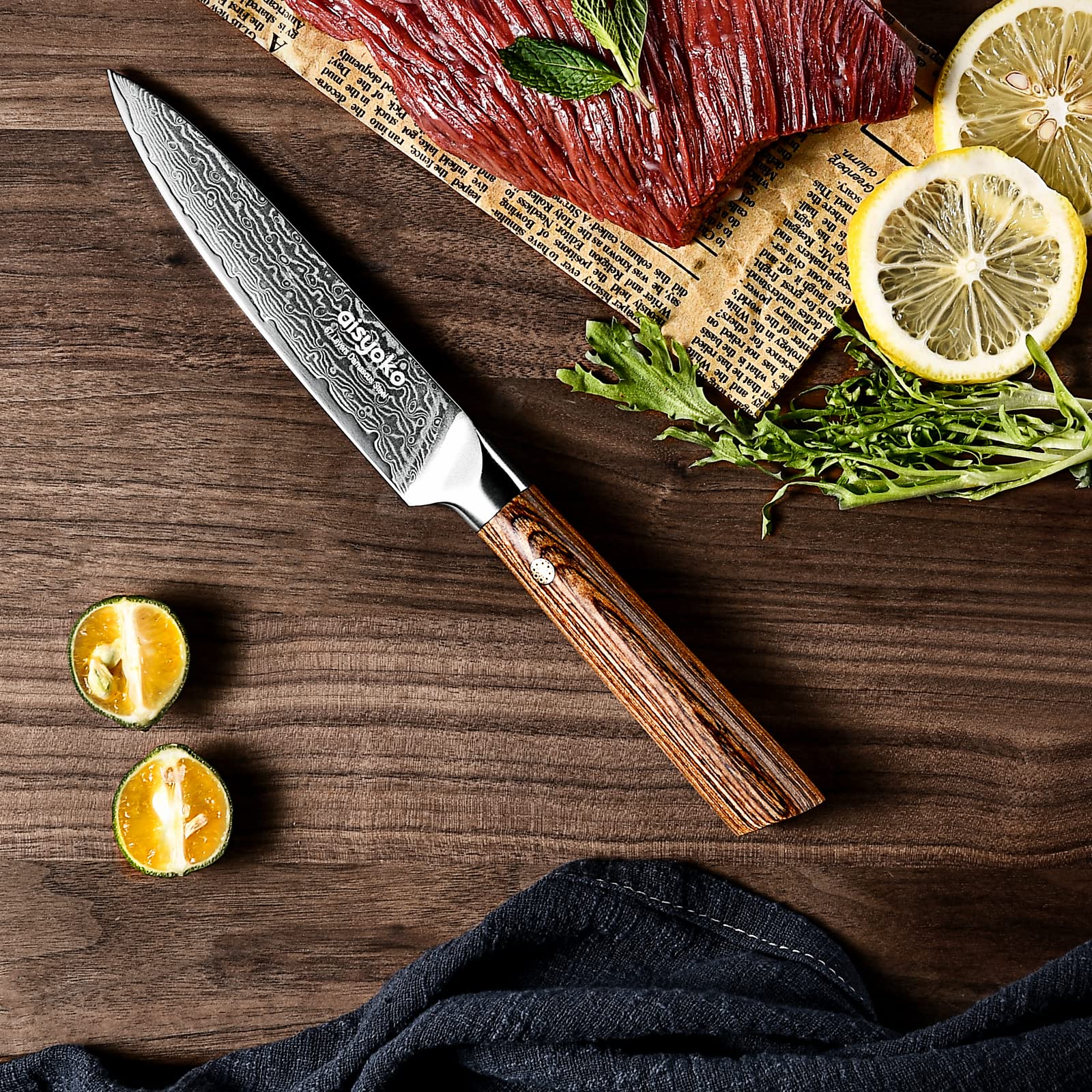 aisyoko Paring knife 5 inch sharp fruit utility knife-Japanese VG-10 super steel 67 layer Damascus steel knife-for carving and peeling-luxury gift box with color wooden handle-with scabbard