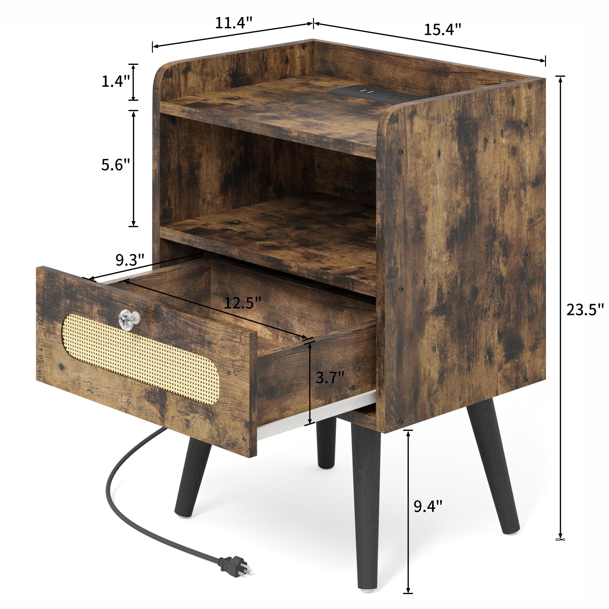 AGDULL Diamond Handle Nightstands Set of 2 with Charging Station, Bedside Table with Solid Wood Legs, End Table with Rattan Drawer, Rustic Brown