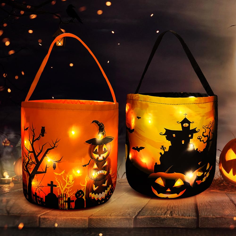 Tarocynn 2 Pieces Halloween Candy Bucket with LED Light Trick or Treat Bags Halloween Bakset Reusable Pumpkin Candy Baskets Tote Bag for Kids Party Supplies Favors