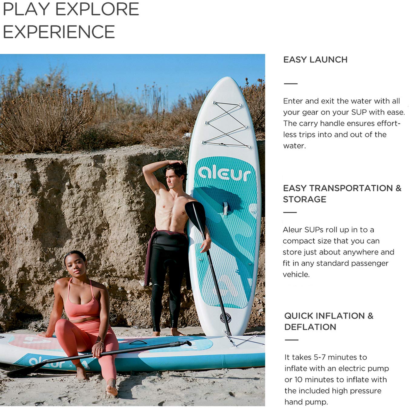 aleur 2020 Explorer Inflatable Stand Up Paddle Board Package W Premium SUP Accessories & Backpack, Non-Slip Deck, Leash, Paddle and Hand Pump | Elegant, Fun, Portable,Versatile (Pastel)
