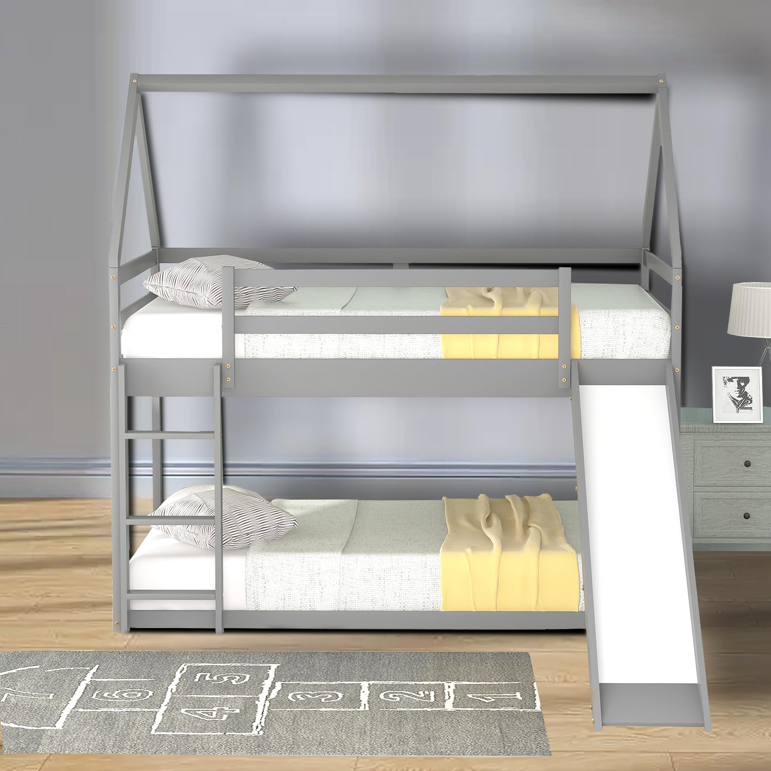 LostCat Twin Over Twin Bunk Bed with Slide,House Shaped Wooden Bunkbeds w/Safety Guardrail and Ladder,No Box Spring Needed,Suitable for Girls Boys,Grey