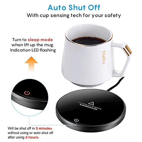 Coffee Mug Warmer & Mug Set, KRGMNHR Smart Coffee Warmer for Desk with Auto Shut Off for Desk Home Office Use, Pressure-Activated Technology, 15oz Flat-Bottomed Ceramic Mug, Black Set (Upgrade)