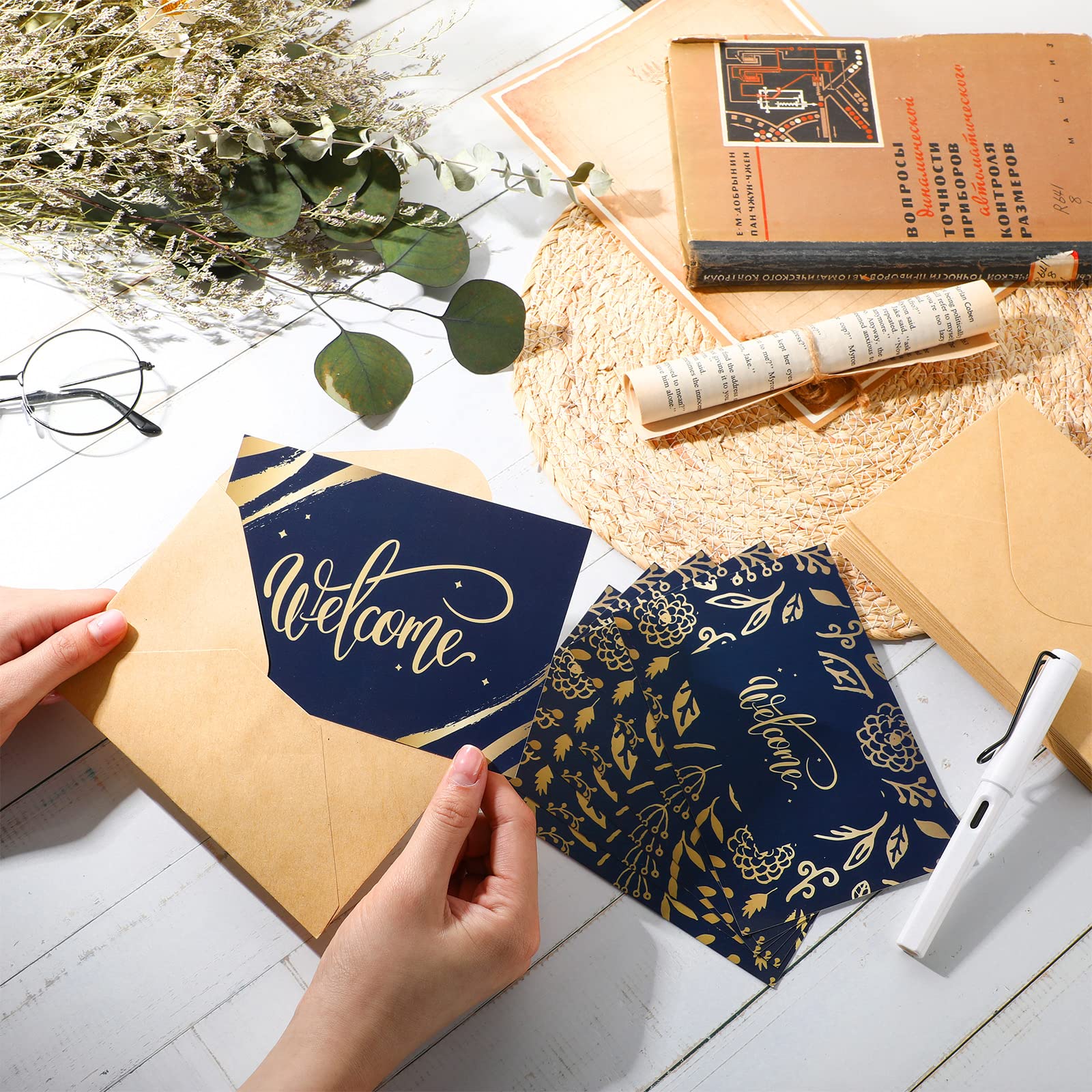 Fumete 72 Pcs Welcome Note Cards with Kraft Envelopes and Stickers, Assorted Designs, Ideal for Weddings, Christmas, Baby Showers