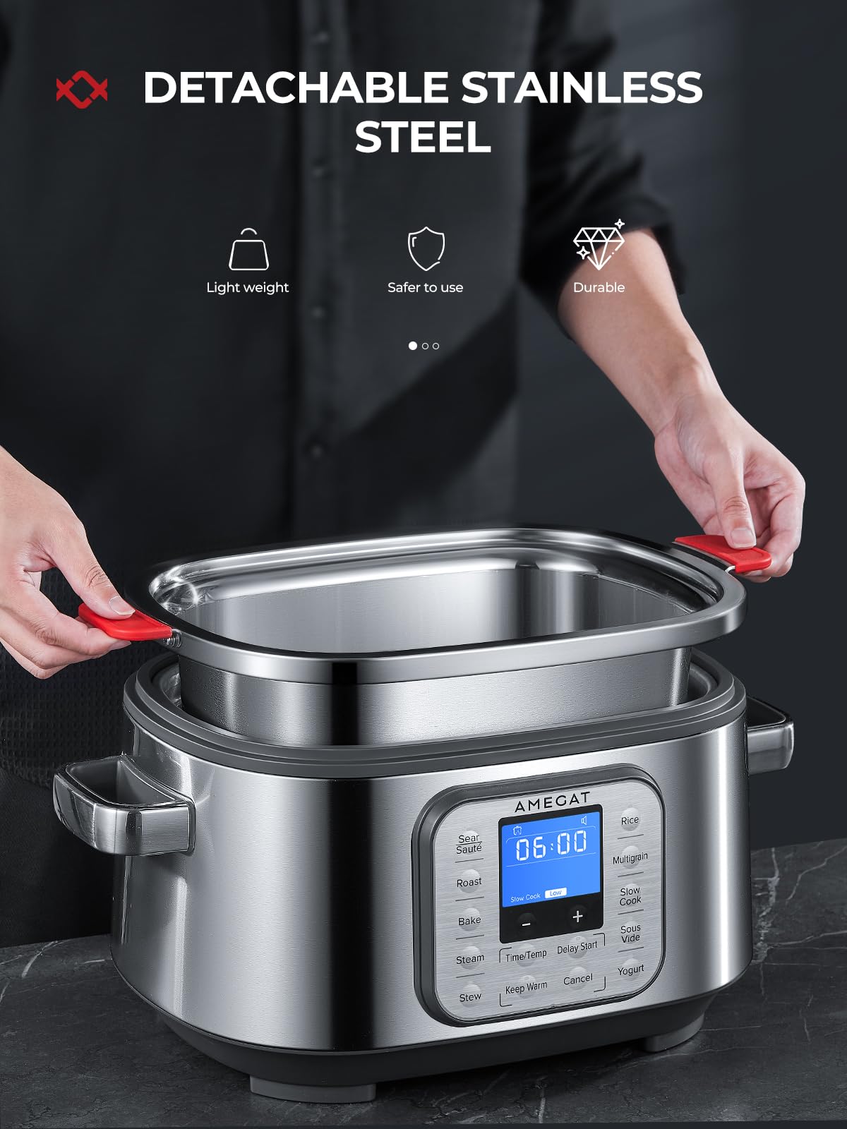AMEGAT Slow Cooker 6 Quart, 10 in 1 Programmable Cooker, Rice Cooker, Sauté, Steamer & More, Stainless Steel Inner Pot, Steaming Rack & Glass Lid, Delay Start, Adjustable Temp & Time with LED Display