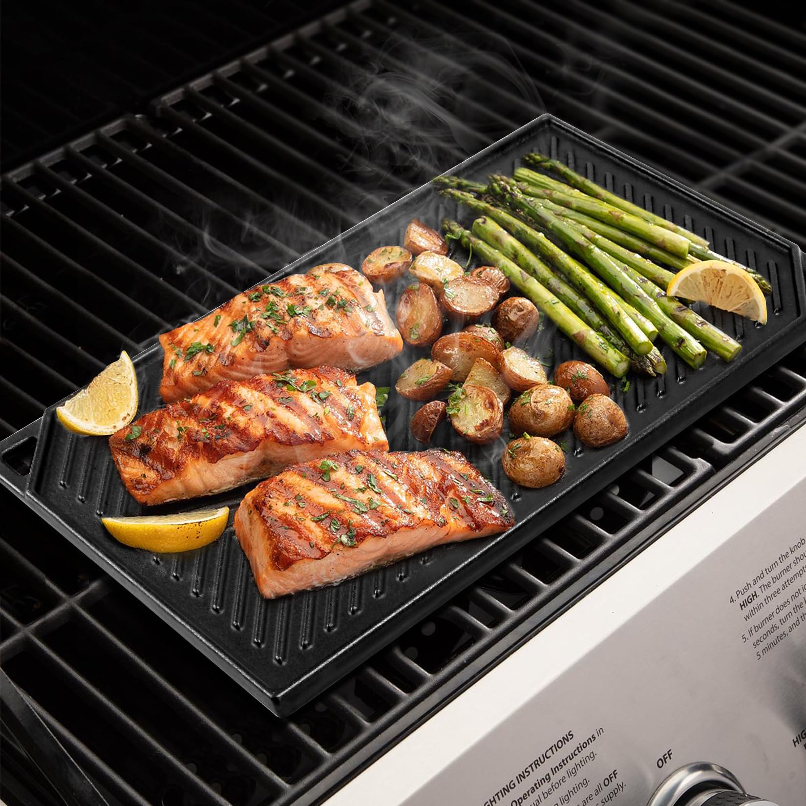 GGC Cast Iron Griddle, Reversible Flat Top Griddle for Gas Grills, Stove Tops, and Outdoor Cooking, 16.5 x 9.5 Baking Flat and Ribbed Griddle Plate for Family Cooking