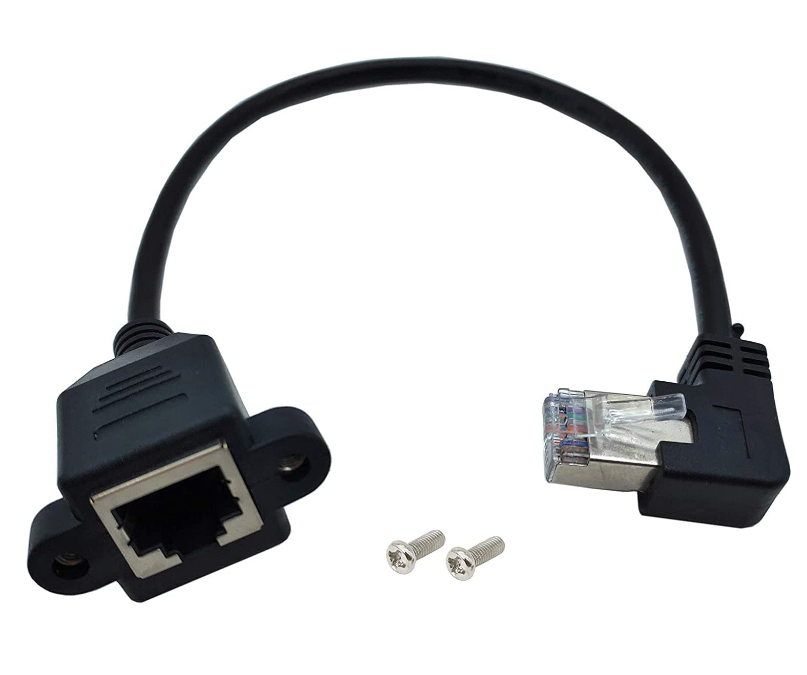 Qaoquda CAT6 Network Extension Cable,90 Degree RJ45 A Male to A Female Screw Panel Mount Extension Cable,Support Ethernet Cat 5e/Cat 6-10 inch (Right)