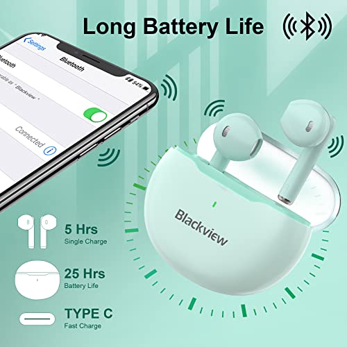 Blackview Bluetooth Headphones, BT5.3 Wireless Earbuds with IPX7 Waterproof Stereo Headphones in Ear Built in Mic Headset Premium Sound, AirBuds 6 with CVC 8.0 Noise Reduction, Touch Control - Green