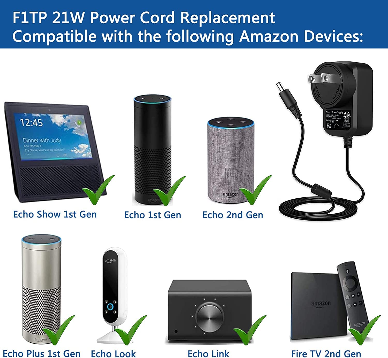 F1TP 21W Power Cord Replacment for Amazon Alexa Echo 1st 2nd Generation, Echo Show 1st Gen, Echo Plus 1st Gen, Echo Look, Echo Link, Fire TV 2nd Gen, 6.6ft Replacement Cord 15V Power Adapter