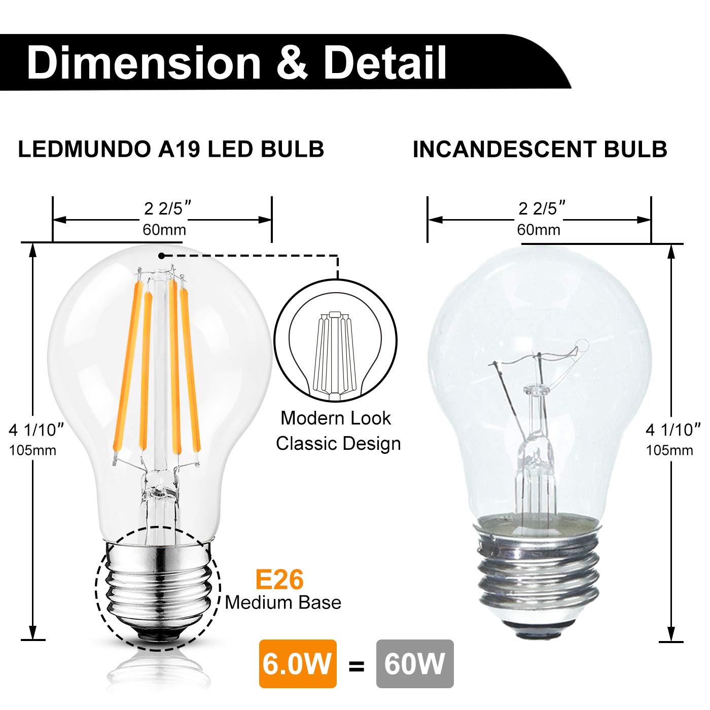 A19 LED Light Bulbs, No Flicker Fully Dimmable 6 Watt Vintage LED Edison Bulbs, 2700K Soft White, 60W Incandescent Equivalent, 700LM LED Filament Bulb, E26 Medium Base, Clear Glass, 12 Pack