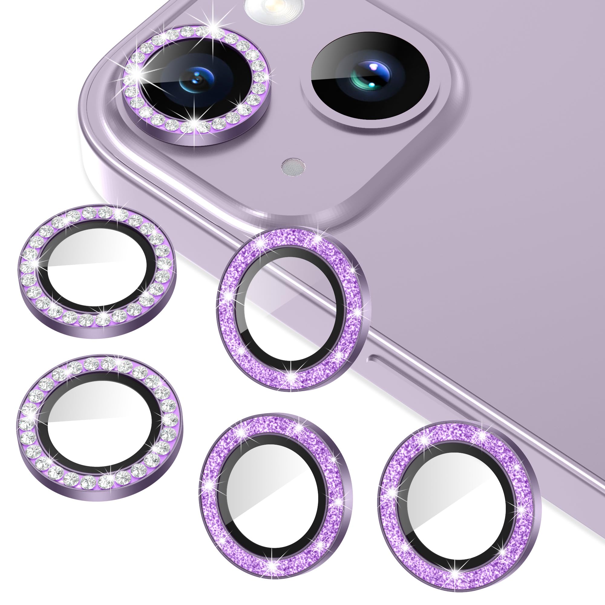 AGVEE 3+3 for iPhone 14 6.1" / 14 Plus 6.7" Camera Lens Protector, Bling Diamond & Bling Glitter Metal Ring 9H Tempered HD Glass Camera Protector Cover Film, Bling-Purple