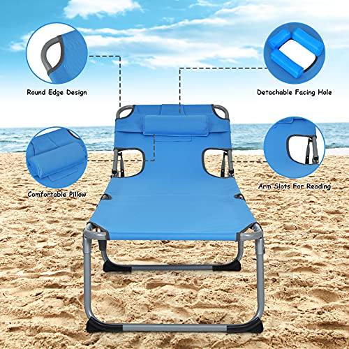 BANGTANE Tanning Chair, Lounge Chair for Outside, Portable Folding Beach Lounger w/ 5 Backrest Positions, Face Hole & Removable Pillow, 331LBS, Ideal for Poolside, Beach, Garden (Blue)