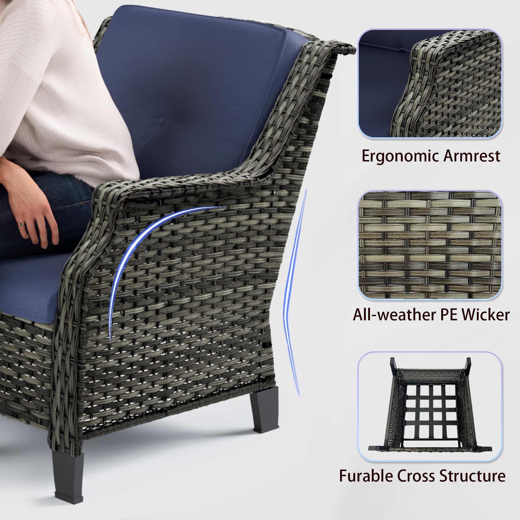 Joyside Outdoor Patio Couch Wicker Sofa - 3 Seater Rattan Sofa for Outside Patio Garden with Deep Seating and Olefin Cushions(Mixed Grey/Dark Blue)