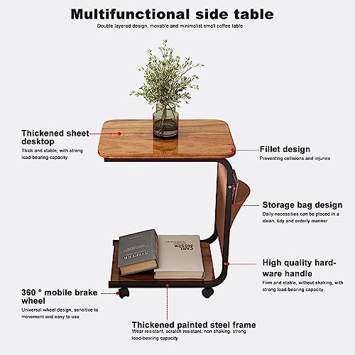 Casebeau C Shaped Sofa Table Side End Table With Wheels Vintage Wooden Movable Coffee Side Table Modern Coffee Small Side Table for Couch and Bed, Small Spaces, Living Room, Bedroom (Brown Wood Grain)