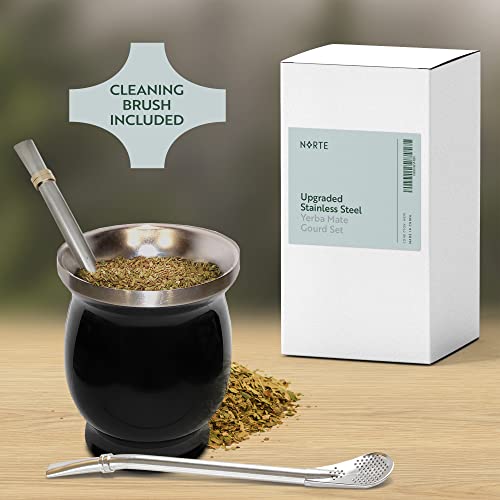 UPGRADED Yerba Mate Natural Gourd/Tea Cup Set (Original Traditional Mate Cup - 8 Ounces) | Includes 2 Bombillas (Yerba Mate Straws to Use) & Cleaning Brush | Stainless Steel | Double-Walled