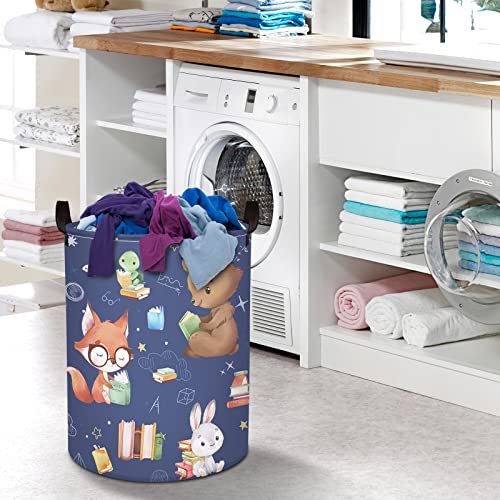 Clastyle 45L Lovely Animals Books Fox Turtle Bear Kids Laundry Hamper Rabbit Deer Koala Blue Round Toy Clothes Storage Basket for Children Room, 14.2x17.7 in