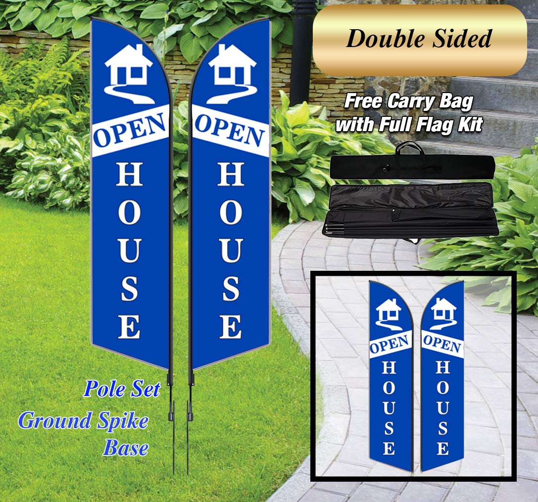 BannerBuzz Blade Flag “Open House”, 2' X 7.58' | 13' ft Long Graphic with Hardware Includes Aluminum Flag Pole & Ground Spike Base (Double Side Print)
