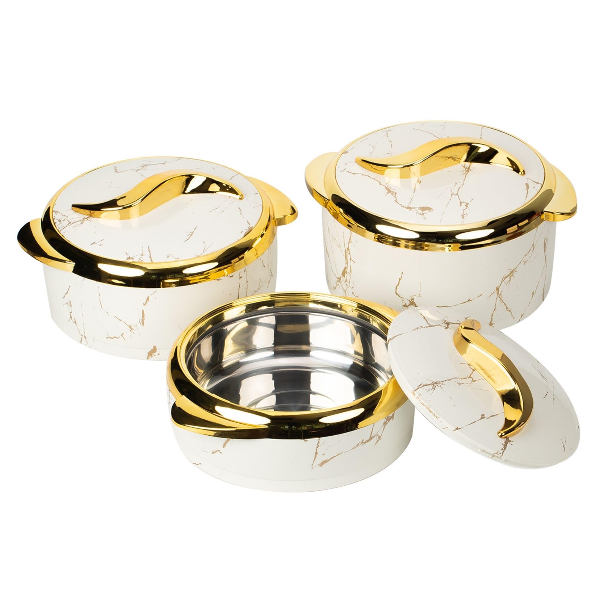Hywisnok Luxury 3-Piece 2.6/2.1/1.6qt Thermal Casserole Dish Set with Lids, Insulated Stainless Steel Container for Hot & Cold Food, Serving Bowl for Buffets/Parties-Marble White