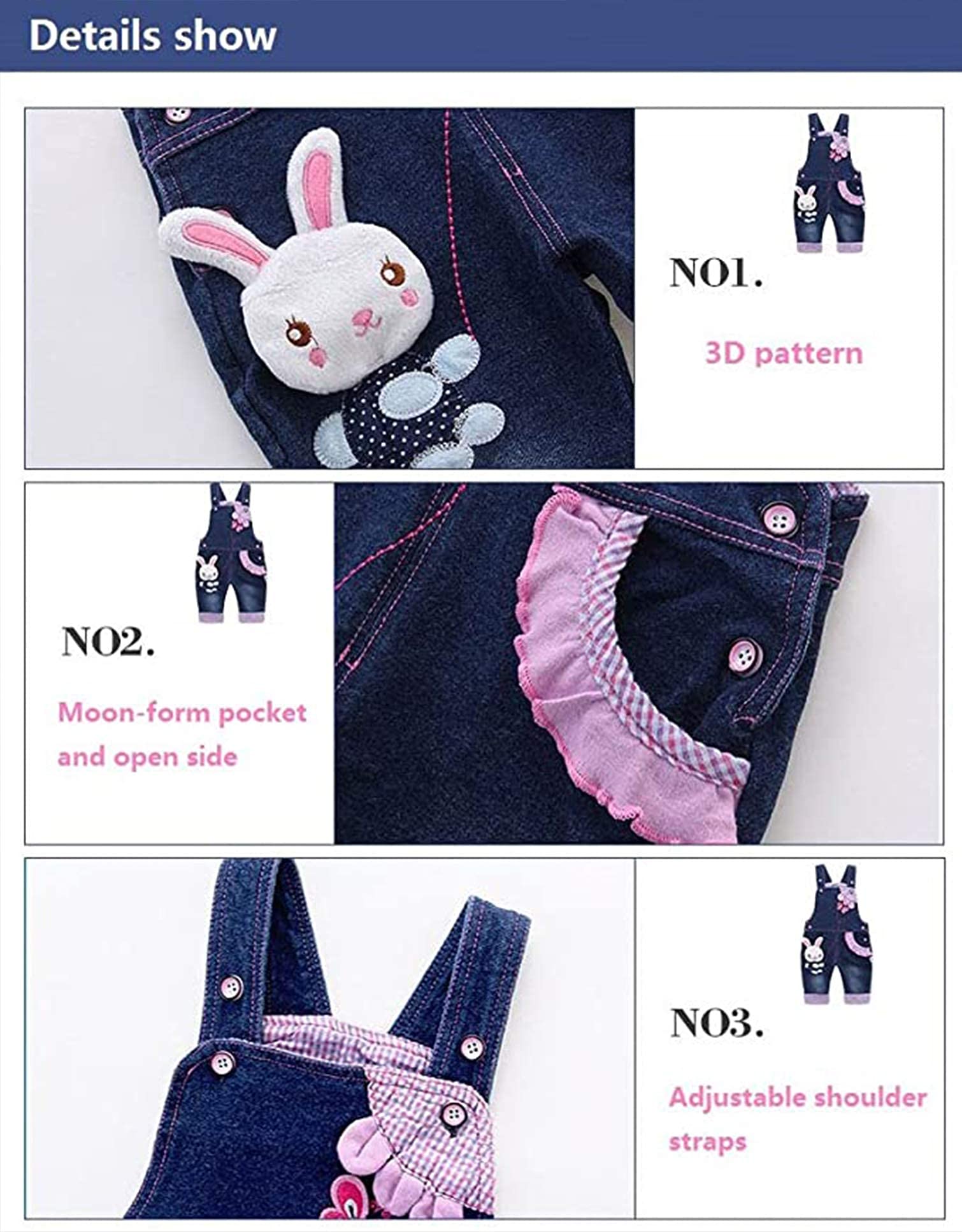 KIDSCOOL SPACE Baby Girl Jean Overalls,Toddler Denim Cute 3D Bunny Outfit,Blue,18-24 Months