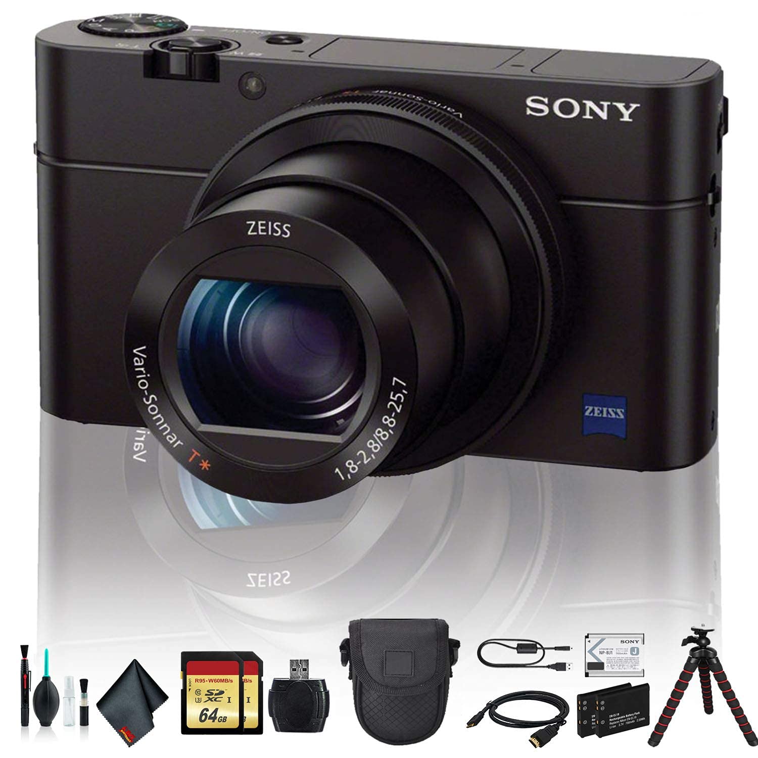 Sony Cyber-Shot DSC-RX100 IV Camera DSCRX100M4/B with Soft Bag, Tripod, 2X Extra Batteries, LED Light, 2X 64GB Memory Card, Card Reader, Plus Essential Accessories