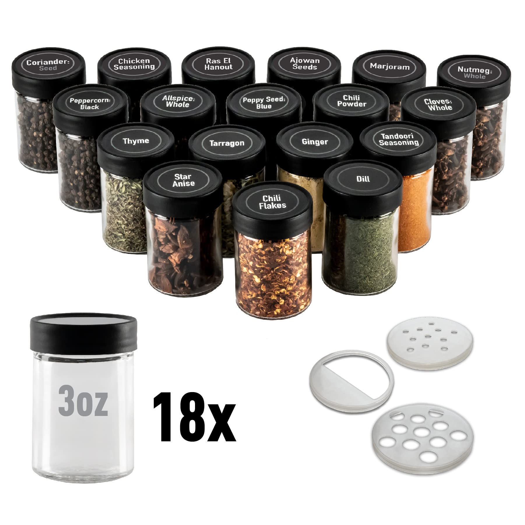 AllSpice 3β Glass Spice Jars 3 fluid ounces- 18 pack