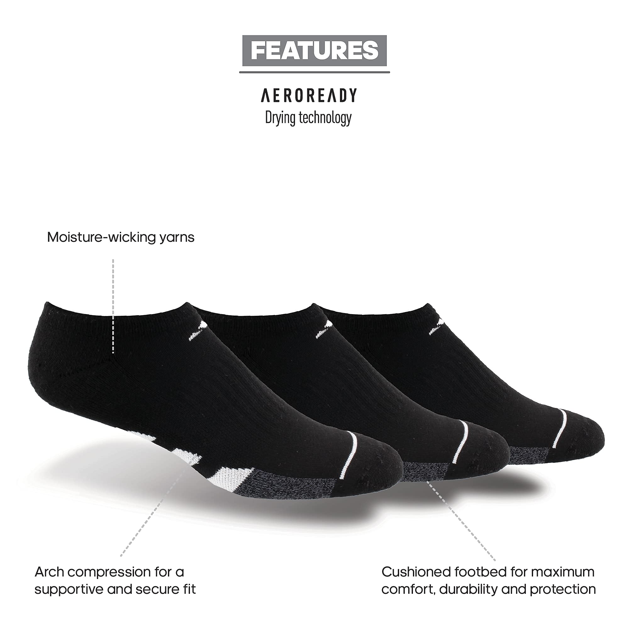 adidas Men's Cushioned No Show Socks (3-Pair), Black/White/Onix Grey, Large