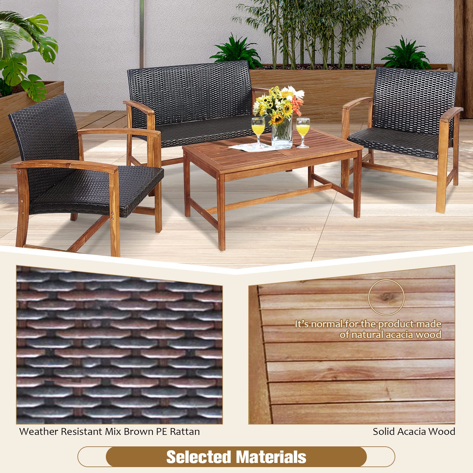 Tangkula 4-Piece PE Rattan Patio Furniture Set, Outdoor Conversation Set with Solid Acacia Wood, Outdoor Bistro Set with 1 Coffee Table, 1 Loveseat and 2 Chairs for Poolside, Backyard and Deck