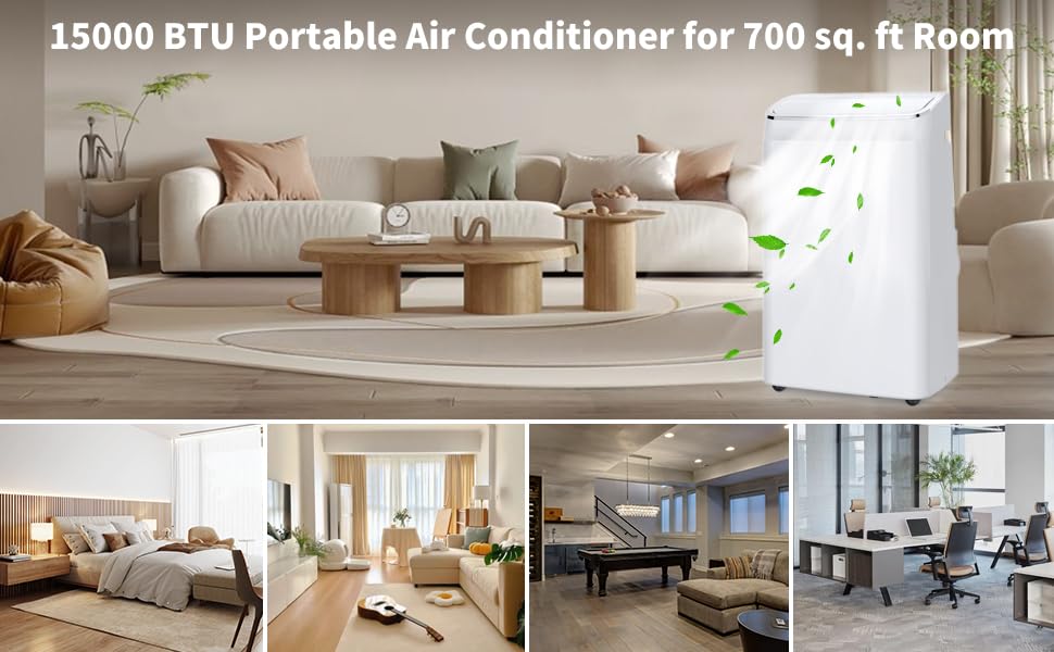 DENBIG Portable Air Conditioner, 15,000 BTU Portable AC Unit with Built-in Dehumidifier and Multi-speed Fan for Room up to 500-700 Sq. Ft, Remote Control, 24-Hour Timer, and Installation Kit, White