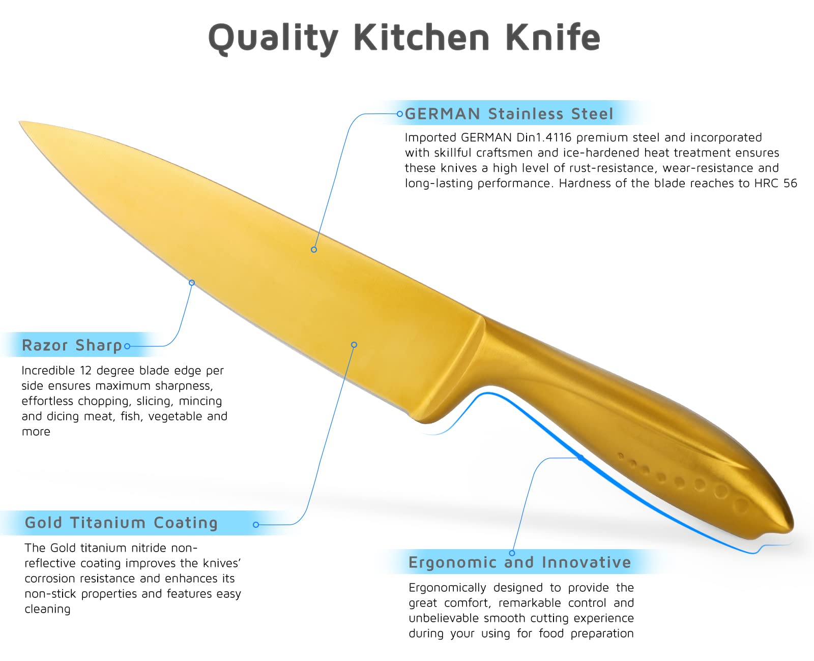 Golden Kitchen Knife Set 5 Piece WELLSTAR, Razor Sharp German Stainless Steel Blade and Ergonomic Handle with Gold Titanium Coated, Chef Carving Bread Utility Paring for Cutting and Peeling - Gift Box