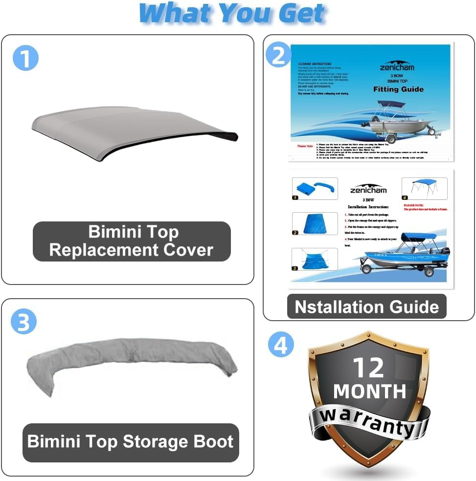 4 Bow Marine Grade Fade and Crack Resistant Bimini Top Replacement Cover, Heavy-Duty Waterproof and UV-proof Sun Shade Boat Canopy, Easy Install Zipper Sleeve Boat Awning/Without Frame, Grey