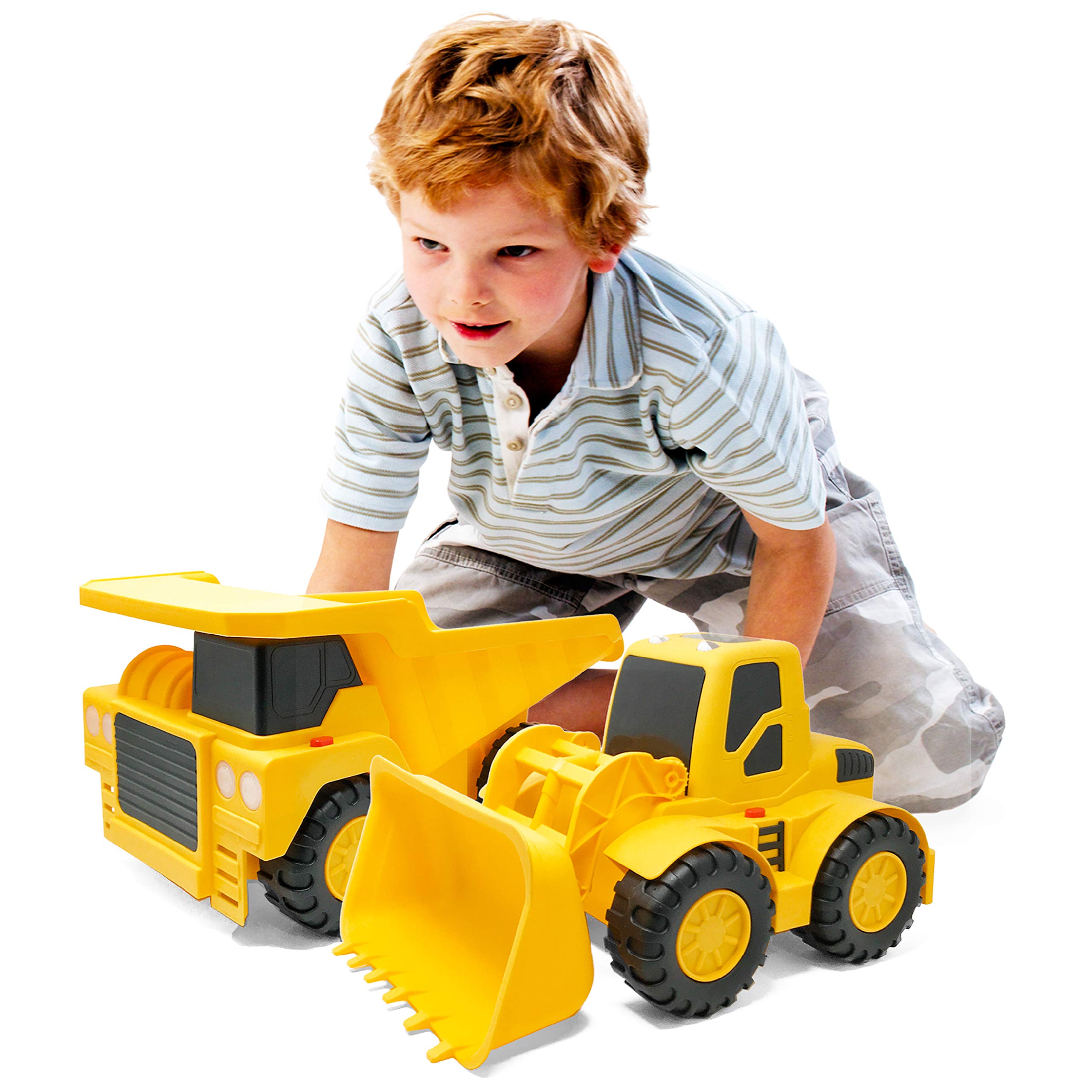 Boley Builders 2 Pack Construction Vehicles - Large Yellow Front Loader and Dump Truck with Lights and Sounds - Kids Construction Toys Set for Toddlers Boys and Girls