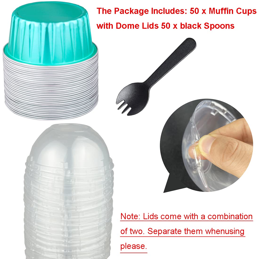ALLRI Cupcake Liners with Dome Lids, Foil Dessert Ramekins 5oz Baking Cups Aluminum Foil, Muffin for Blue Lids Ramekin Containers Holders