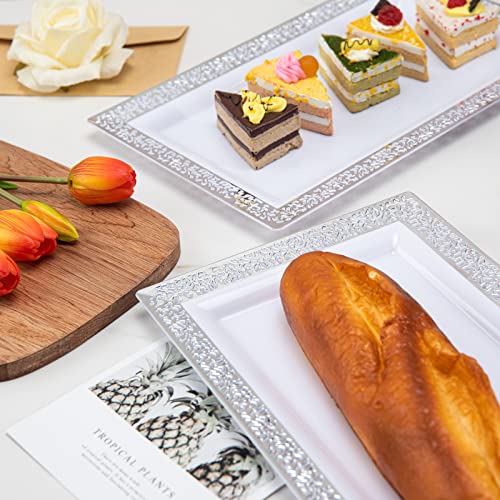 BBG 12Pcs Plastic Silver Serving Trays and Platters Set, 13.77 * 8.46β White with Silver Lace Design, Rectangular Plastic Food Platters, Disposable Serving Tray for Party Weddings Reception Buffet