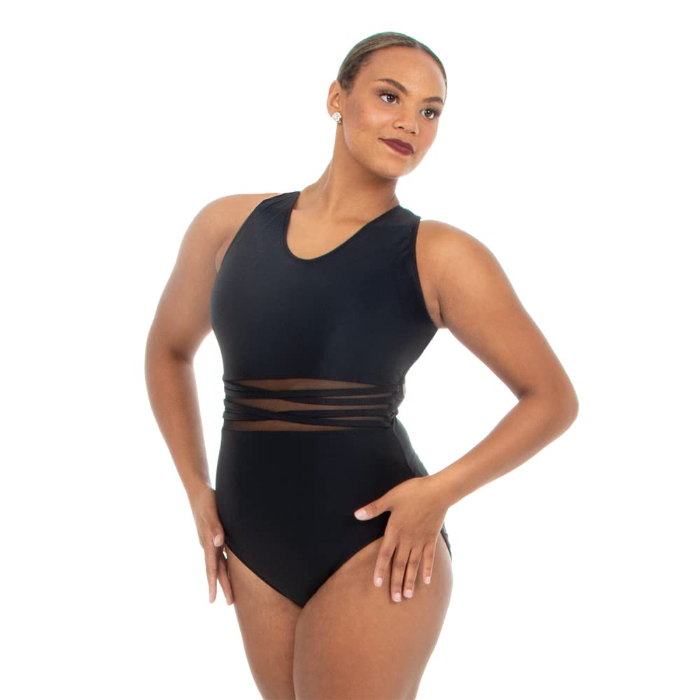 Alexandra Collection V-Neck Mesh Panel Cut Out Wide Strap Back Leotard for Women