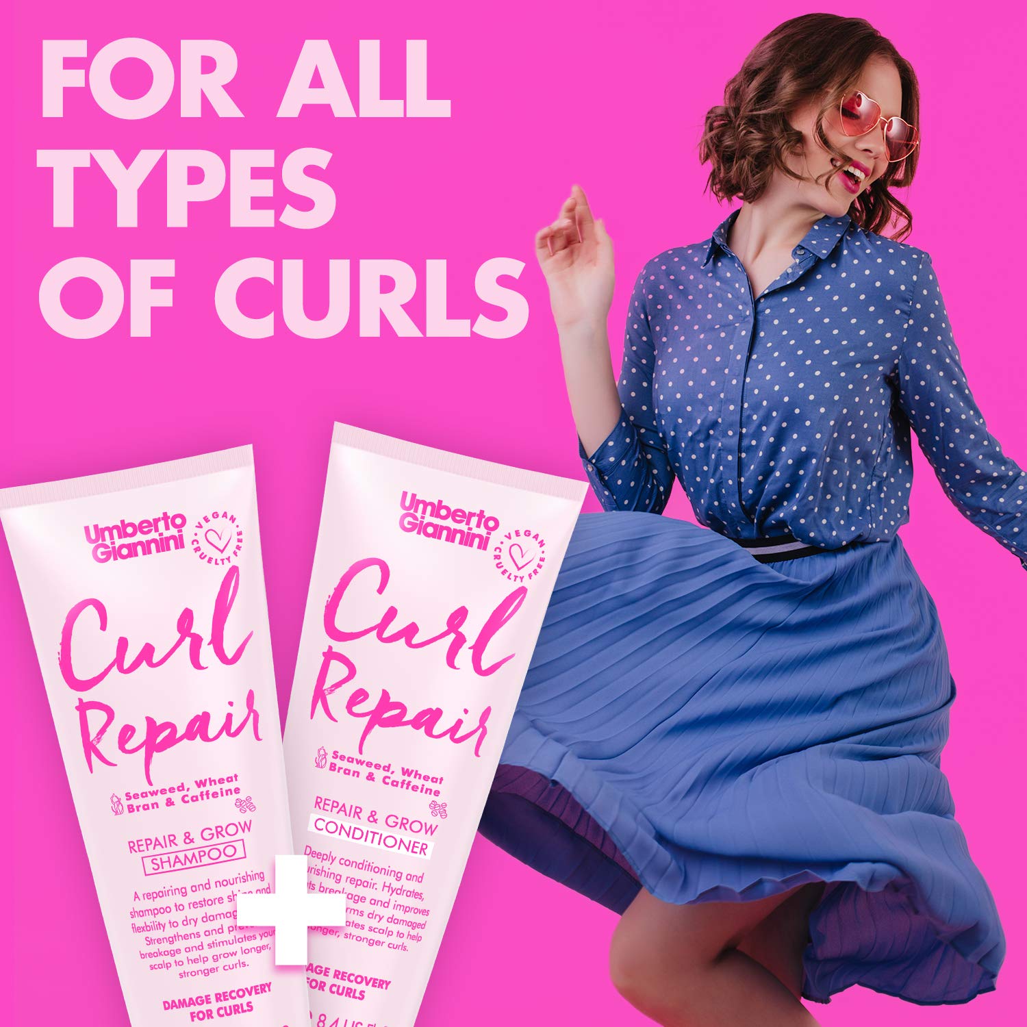 Umberto Giannini Curl Repair Shampoo + Conditioner Set, Vegan & Cruelty Free Repair & Growth Formula with Seaweed, Wheat Bran & Caffeine, 250 ml