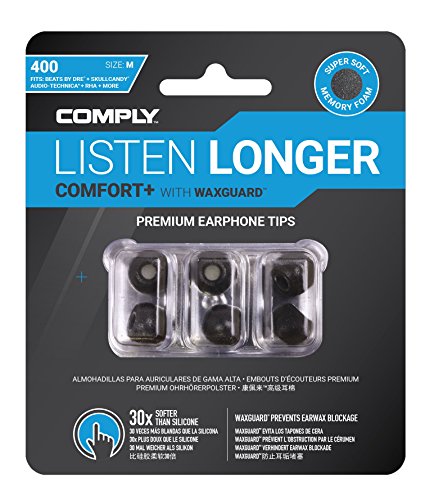 Comply Comfort Plus Tsx-400 Memory Foam Earphone Tips, Noise Reducing Replacement Earbud Tips, Secure Fit (Medium, 3 Pair), Black (29-40111-11)